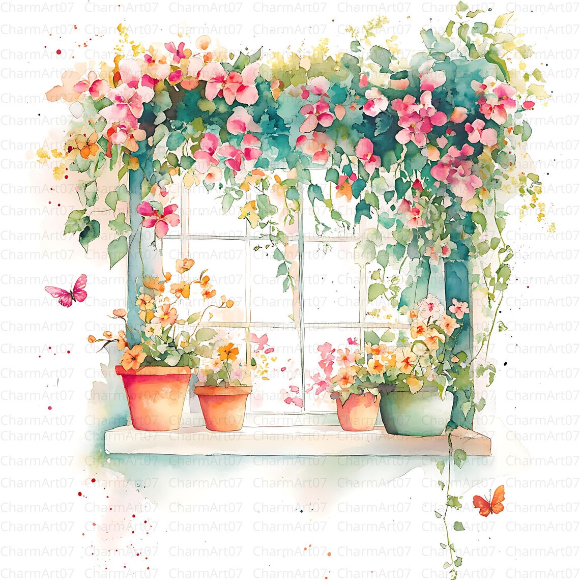 20 Spring Flowers Windows Clipart, Flowerpots Clipart, Watercolor ...