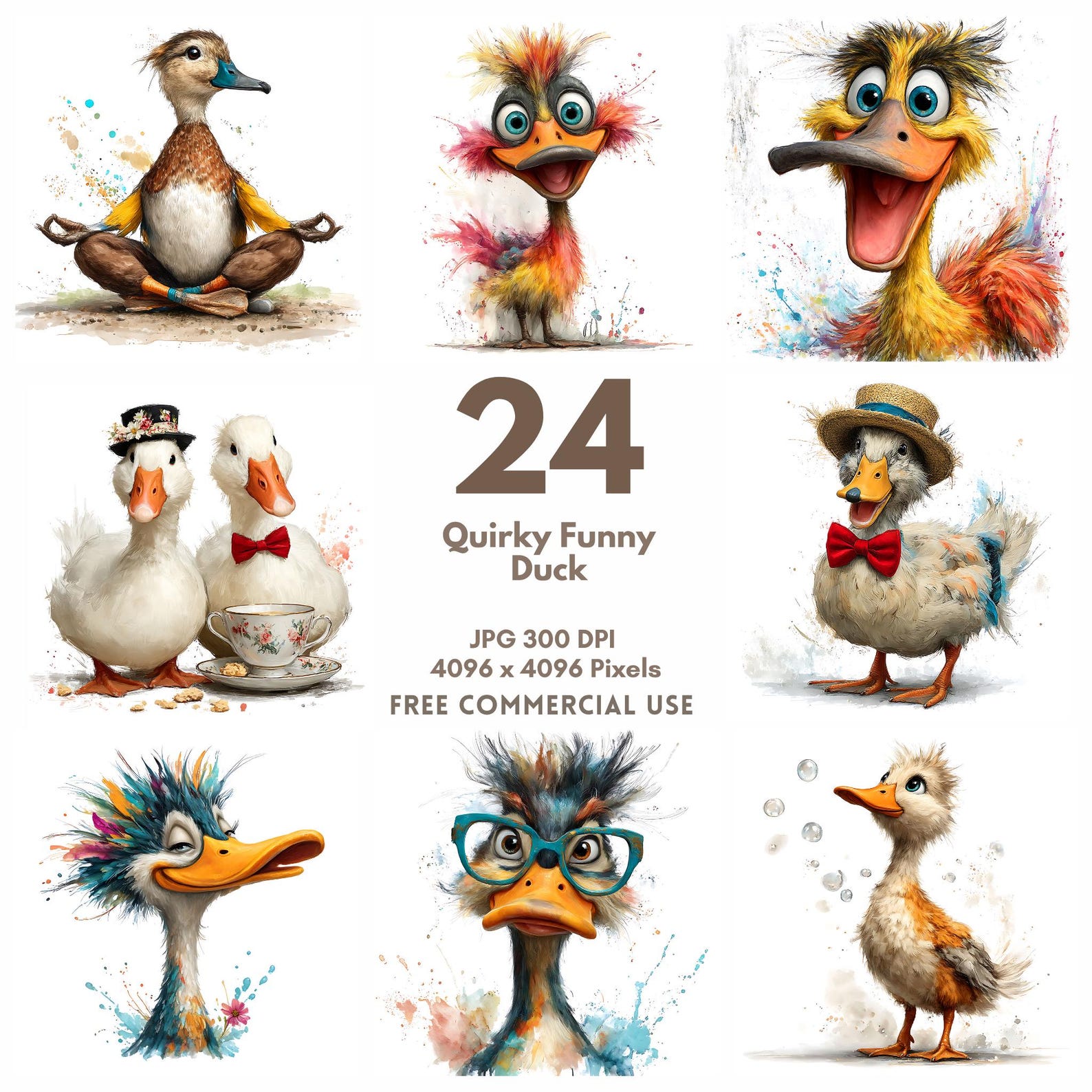 Quirky Duck Watercolor Clipart, Funny Animal Art (digital Download) - Etsy