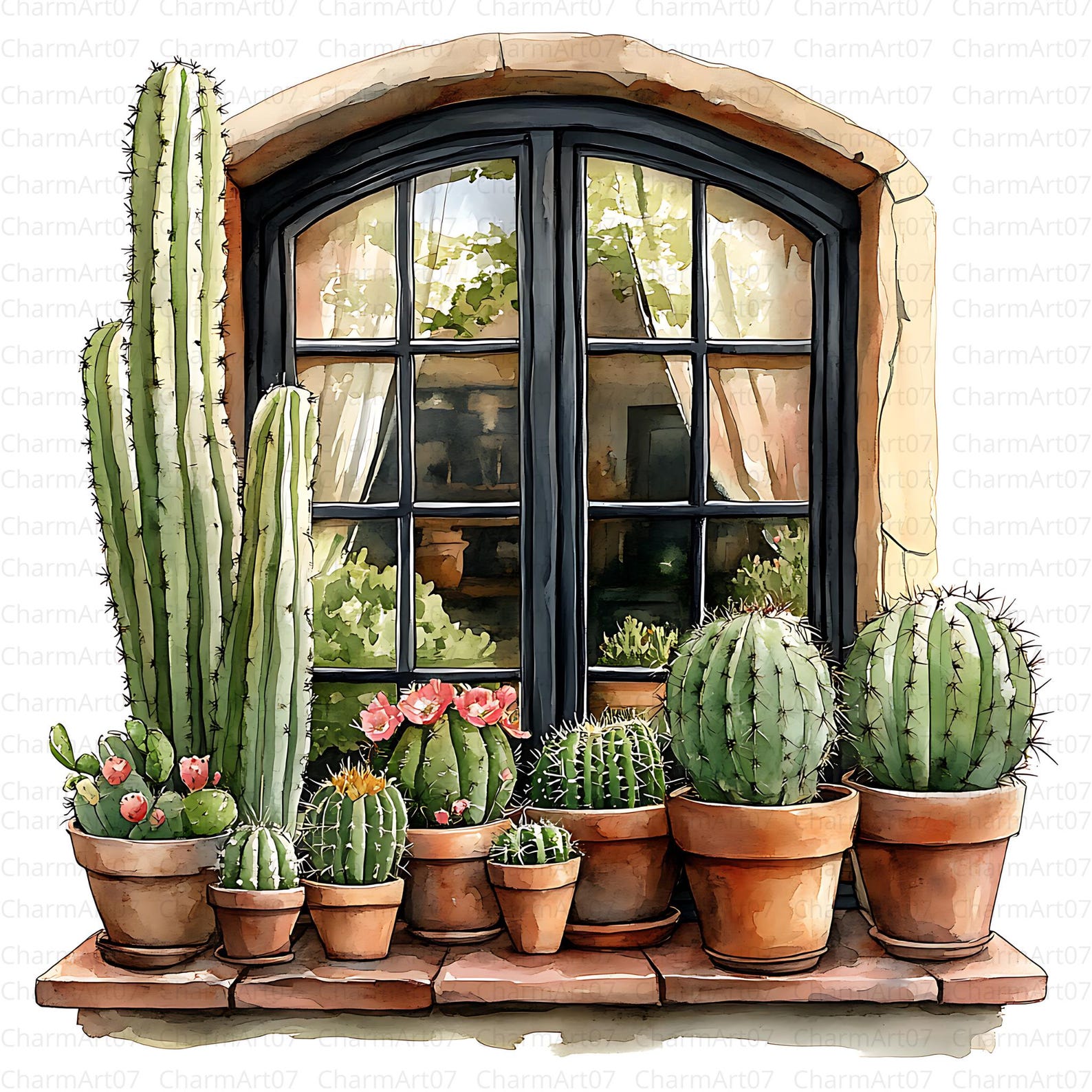 24 Potted Cactus Clipart , Flowerpots Clipart, Watercolor Clipart, High ...