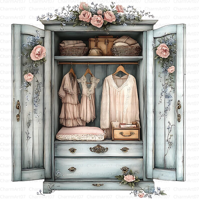 20 Shabby Chic Armoire Clipart, Vintage Floral Wardrobe, Wardrobe ...