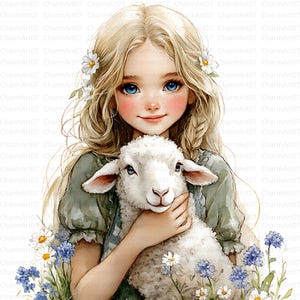 16 Cute Girl With Sheep, Lamb Watercolor High Quality JPG, Printable ...