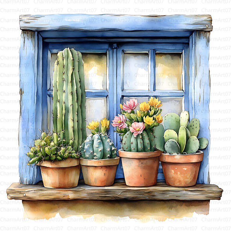 24 Potted Cactus Clipart , Flowerpots Clipart, Watercolor Clipart, High ...