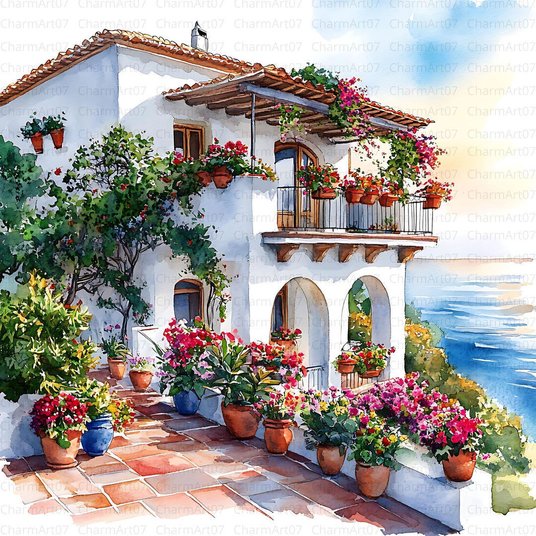 Ocean View Veranda Clipart: Coastal Watercolor Art (JPG) - Etsy