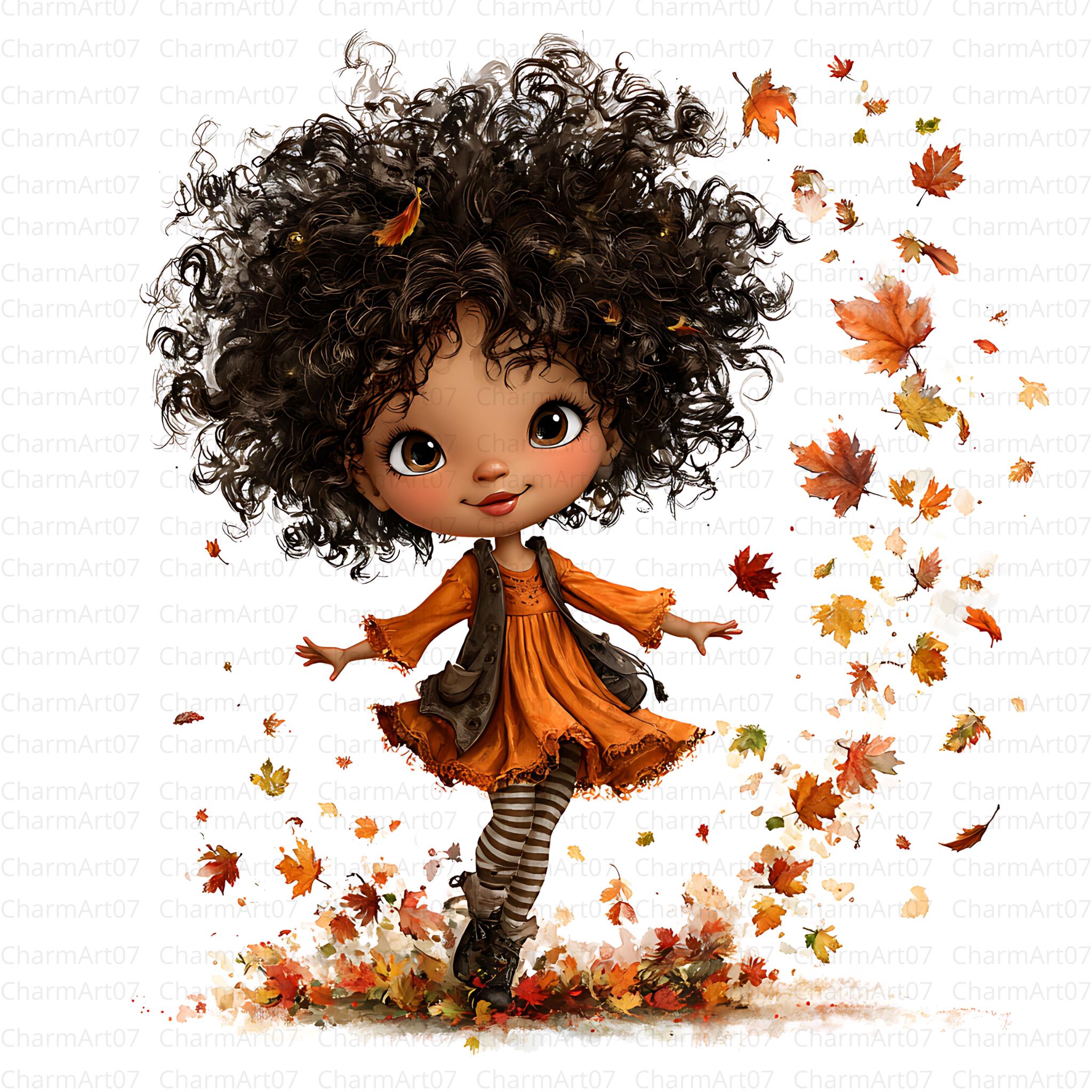 24 PNG Black Girl in Autumn Clipart, Watercolor Fall Leaves, Whimsical ...