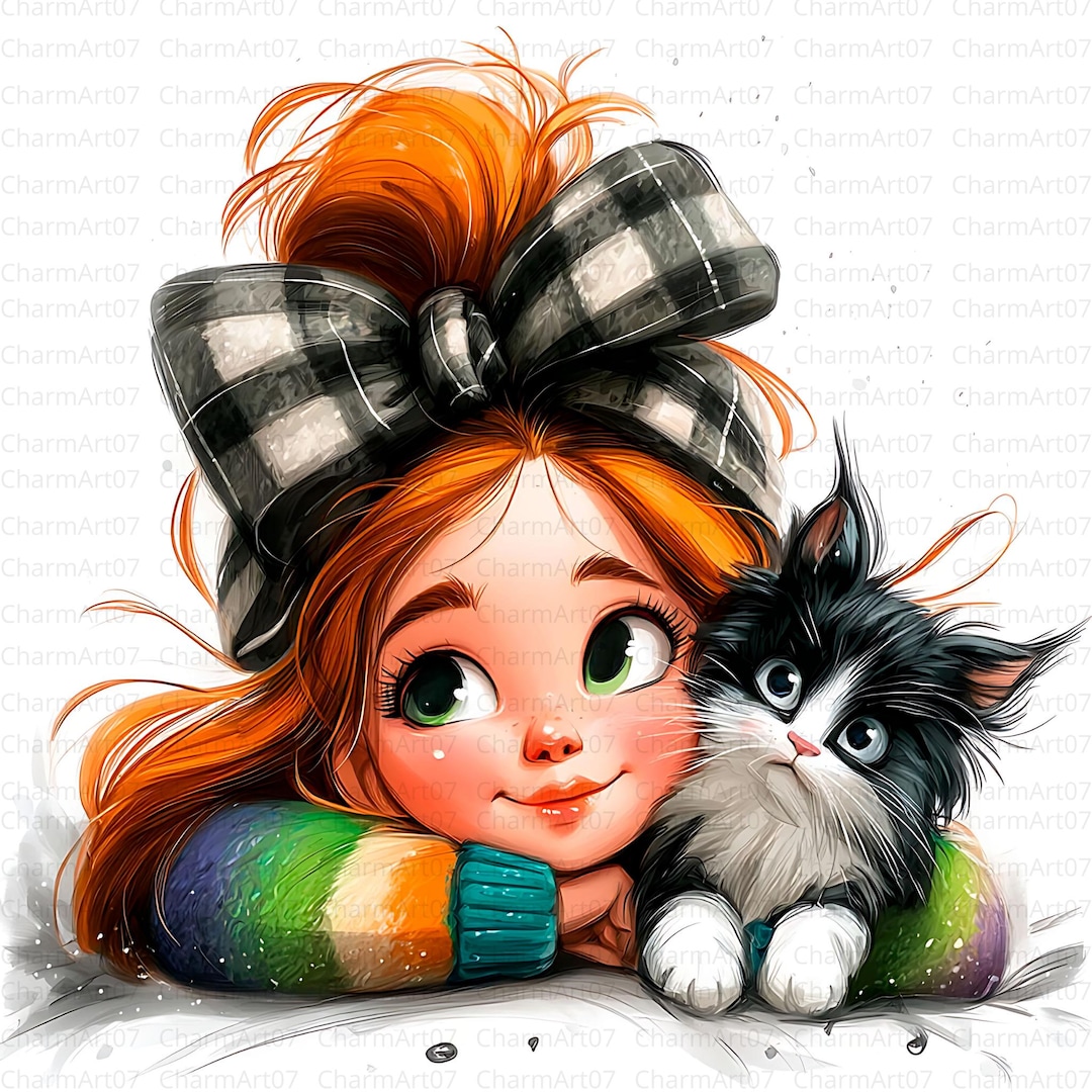 Quirky Girl With Cat Clipart Bundle, 15 Girl Cat Clipart, Cute Girl ...