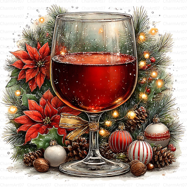 Christmas Wine Clipart, Festive Watercolor Art (JPG) - Etsy
