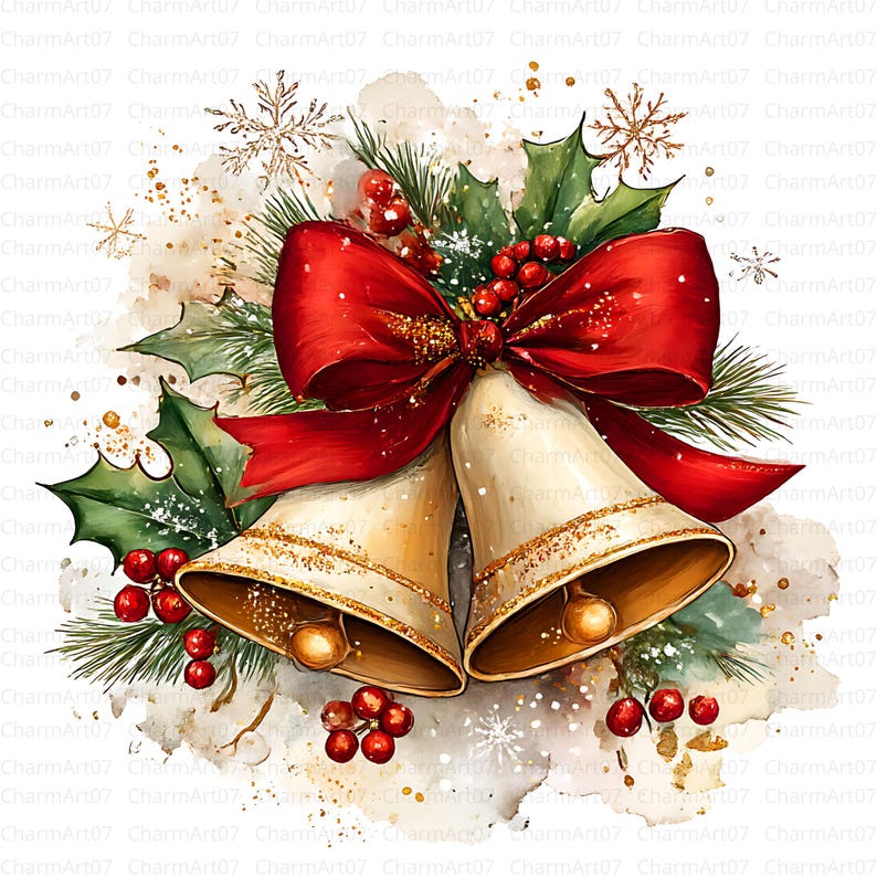 Watercolor Christmas Bell Clipart: 24 Golden Jingle Bells (digital ...