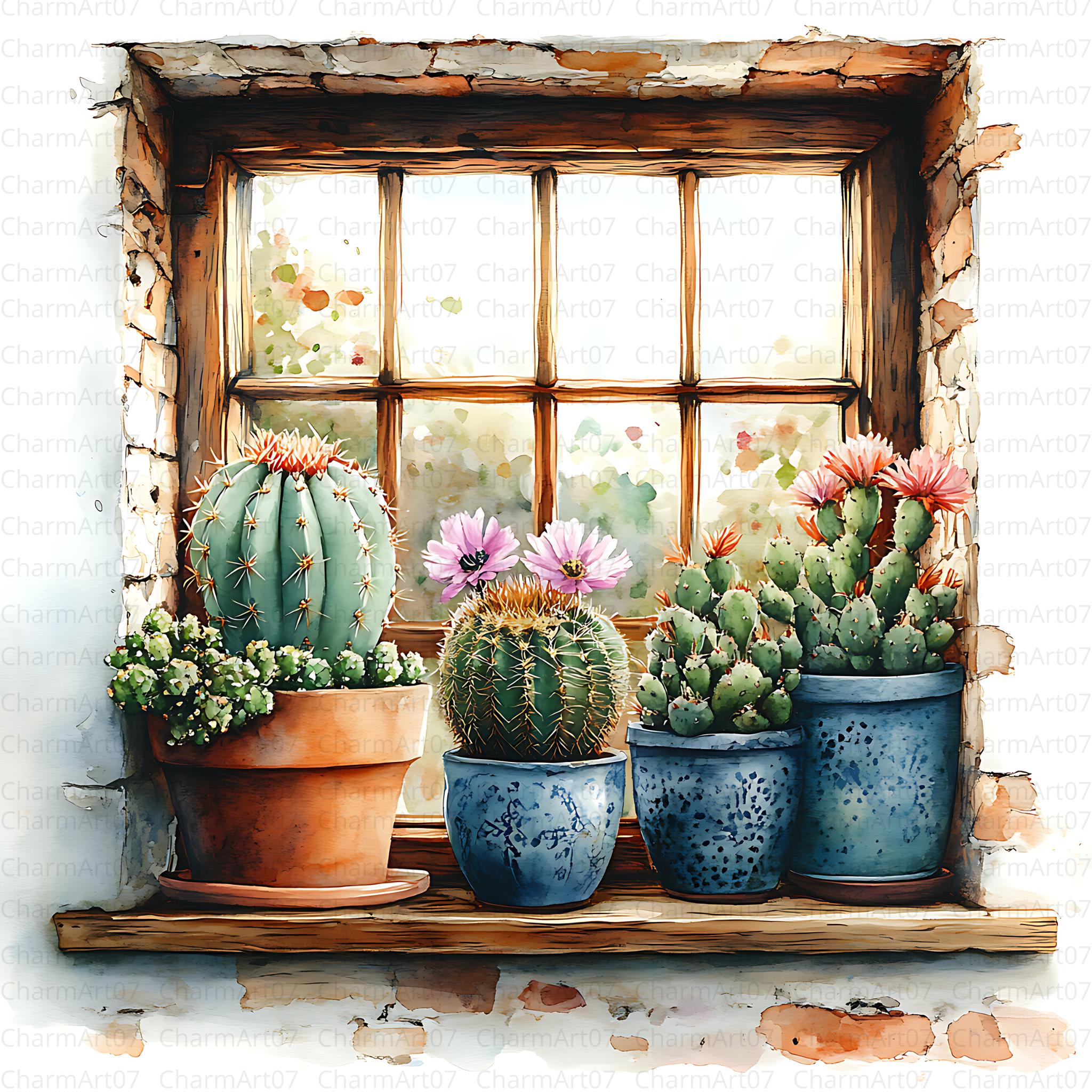 24 Potted Cactus Clipart , Flowerpots Clipart, Watercolor Clipart, High ...
