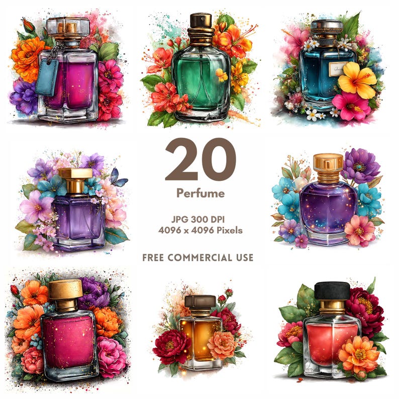 20 Floral Perfume Bottle Clipart: Watercolor Perfumes Set (digital ...