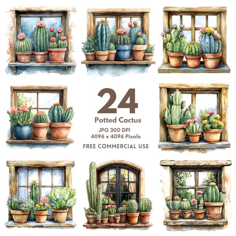 24 Potted Cactus Clipart , Flowerpots Clipart, Watercolor Clipart, High ...