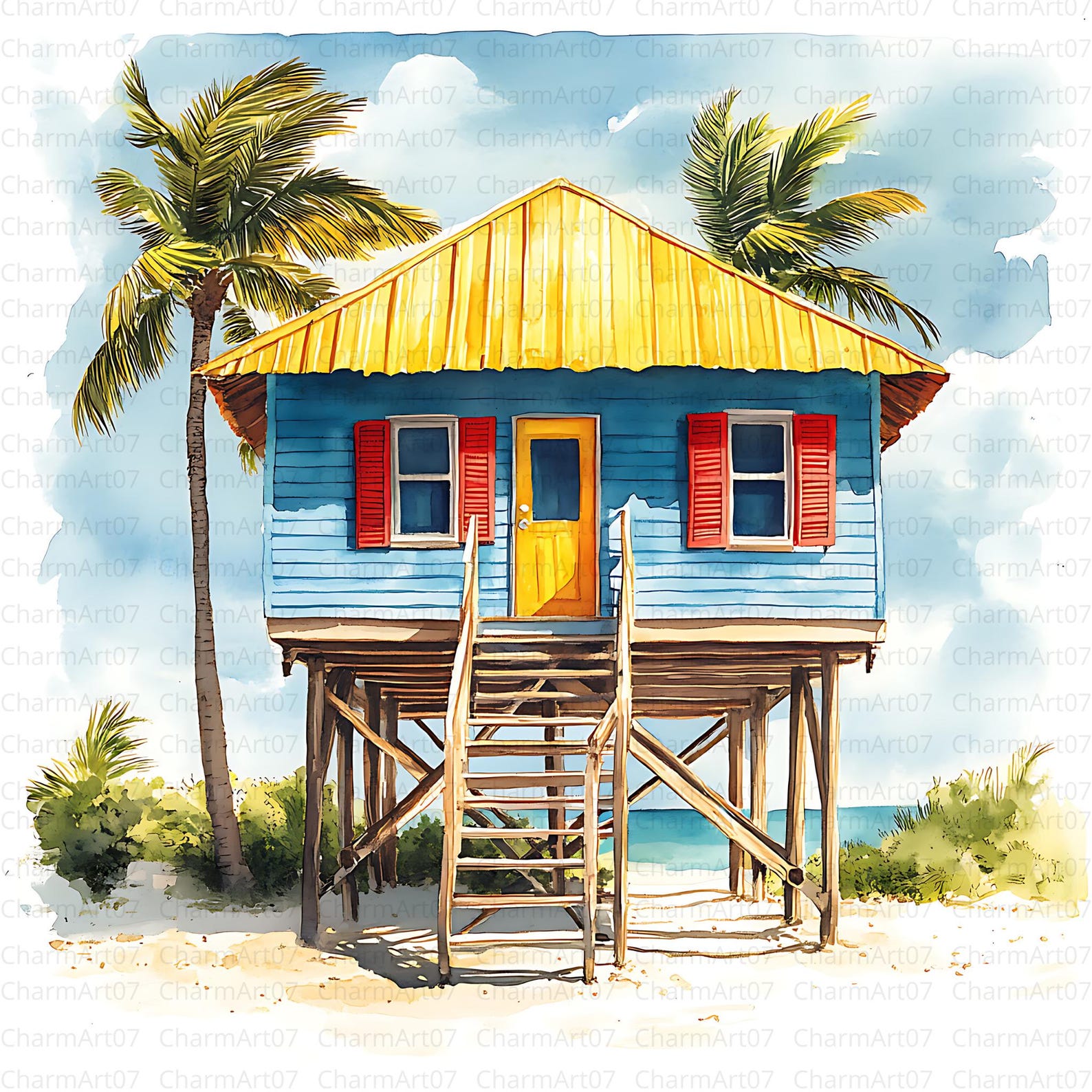 24 Beach Hut Clipart, Beach House Images, Watercolor Clip Art ...