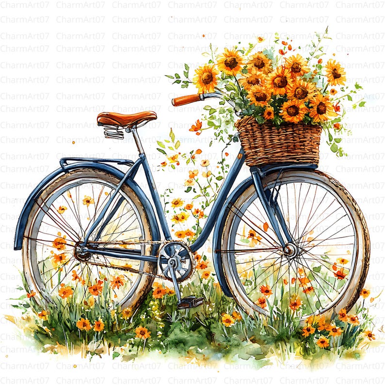 18 Vintage Floral Bicycle Clipart, Floral Bicycle, Printable Watercolor ...