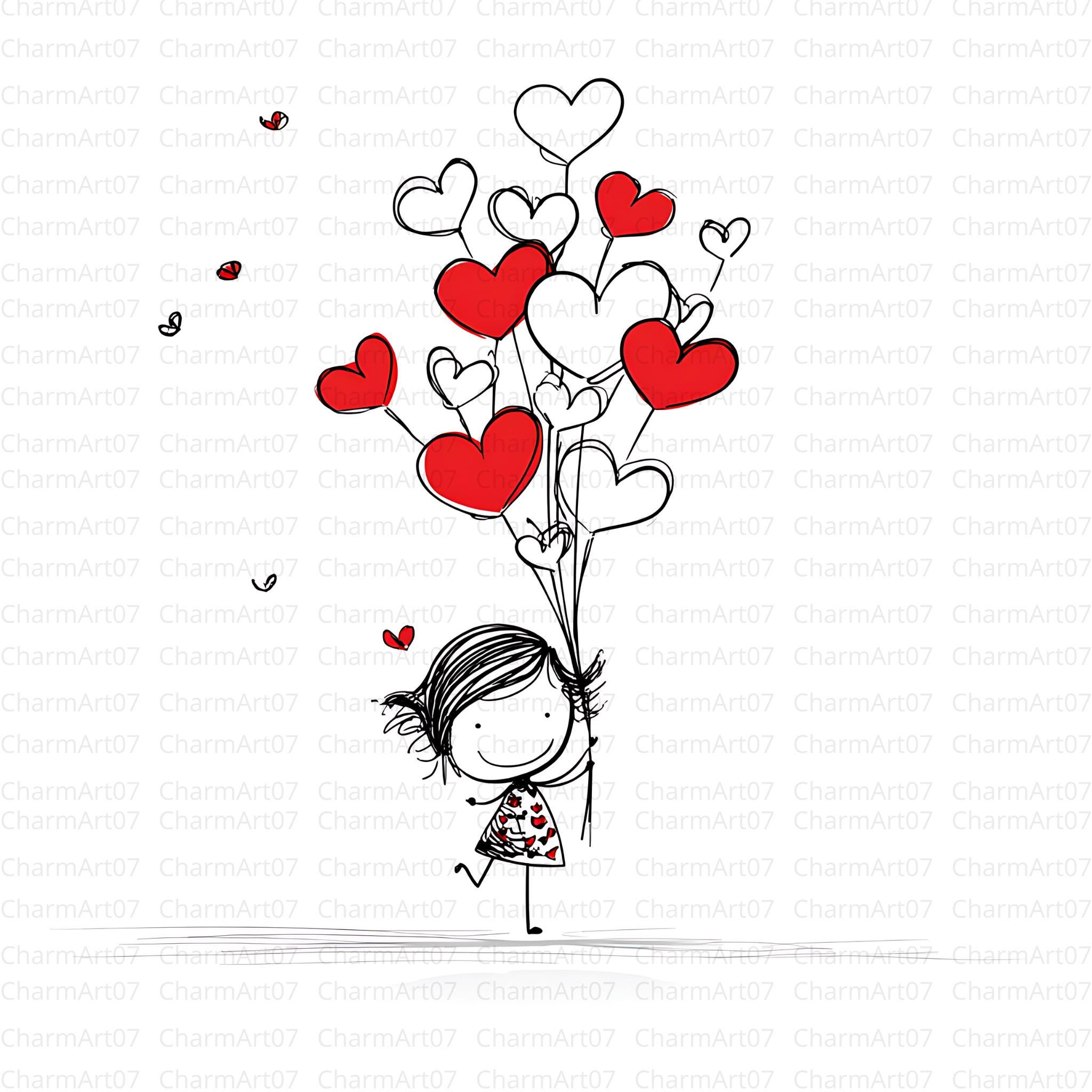 70 Valentine's Day Scribbles Clipart: Love Heart Girl Line Art (digital ...