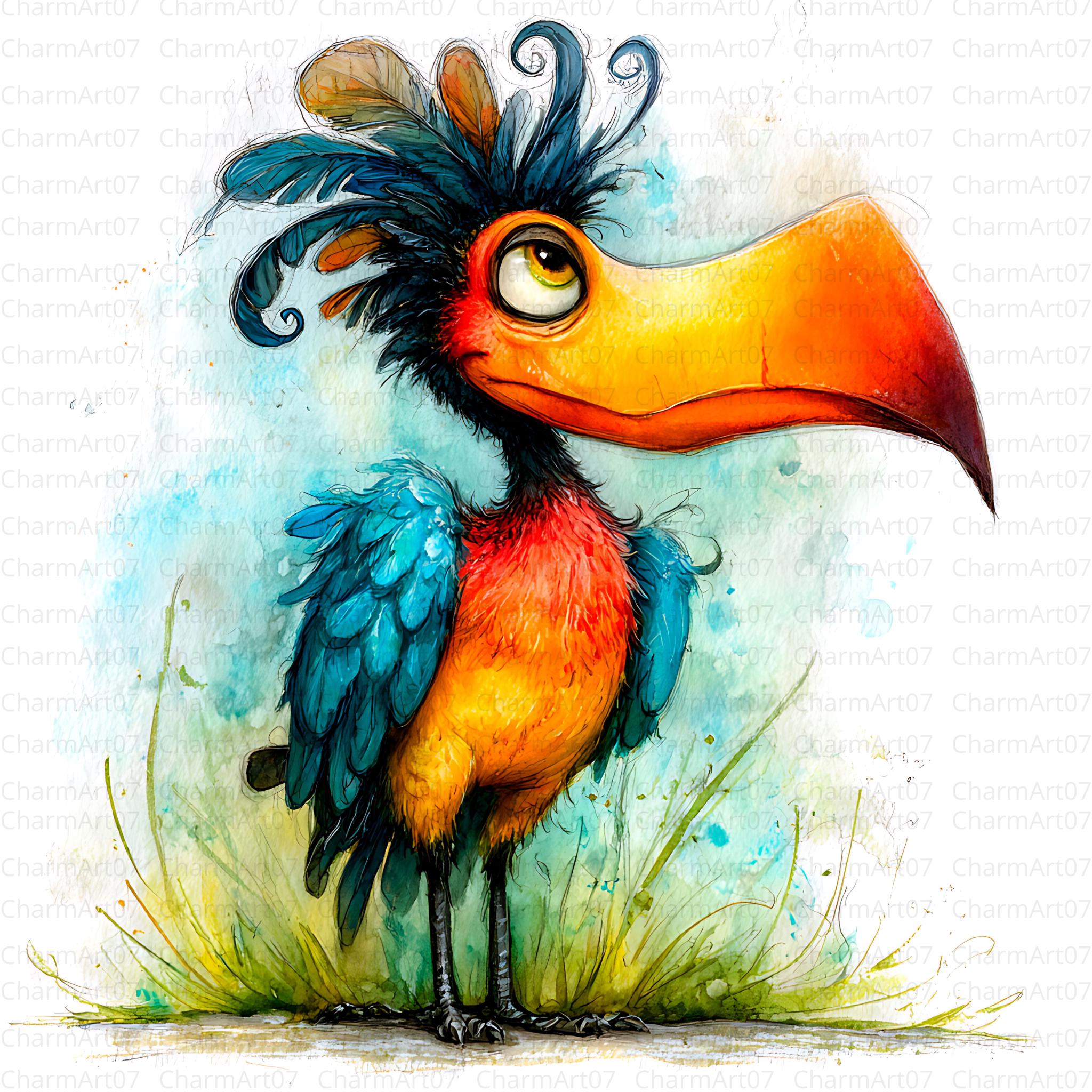 Whimsical Birds Clipart: Watercolor Style, Funny Bird Illustrations ...