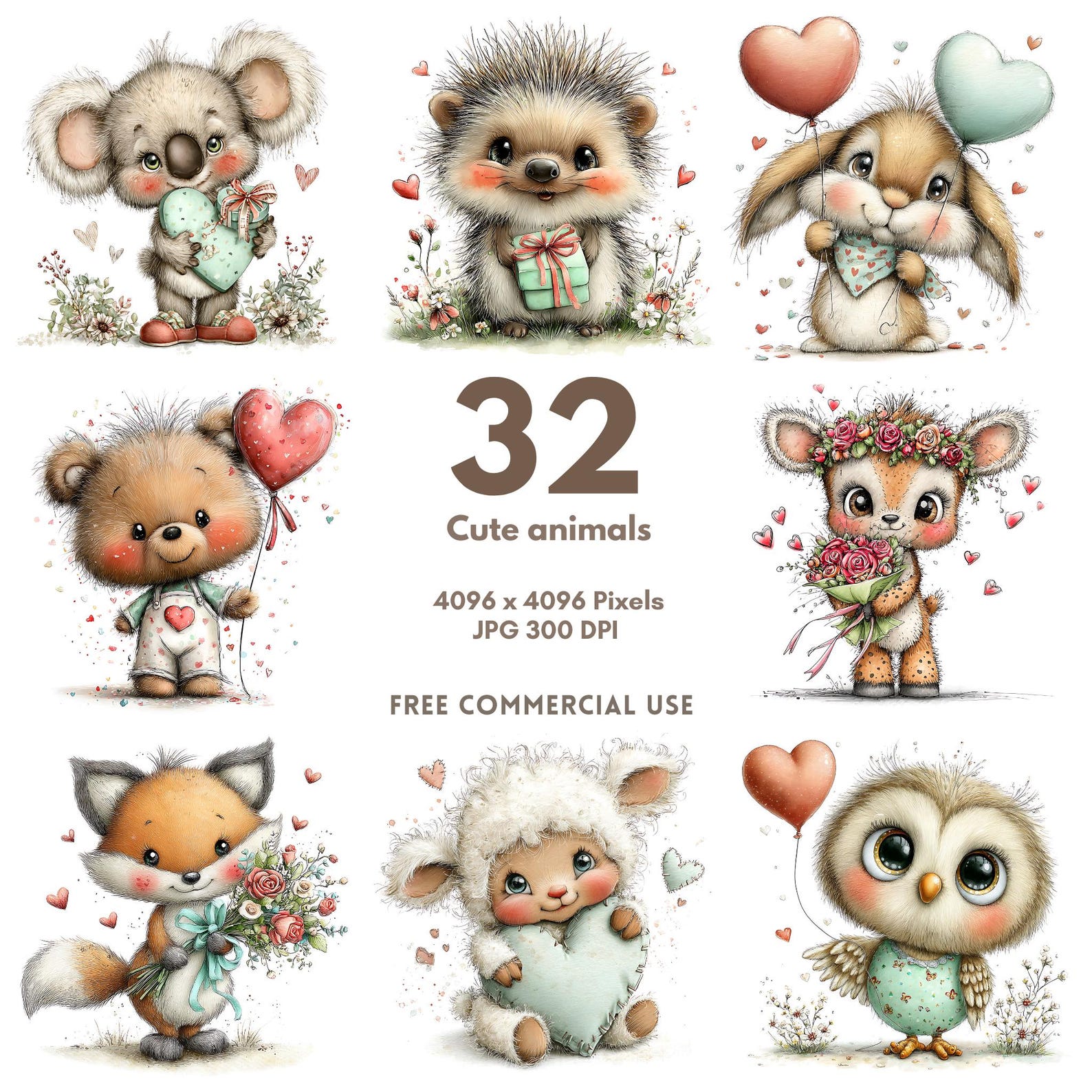 32 Whimsical Valentine Sweet Animals Set: Romantic Watercolor Clipart ...