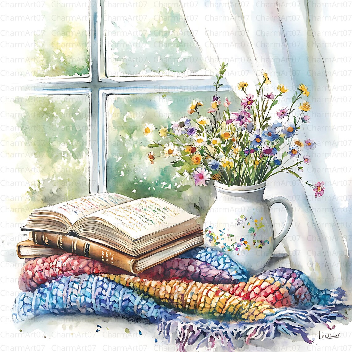 10 Floral Window With Books Clipart Bundle, High Quality Watercolor ...