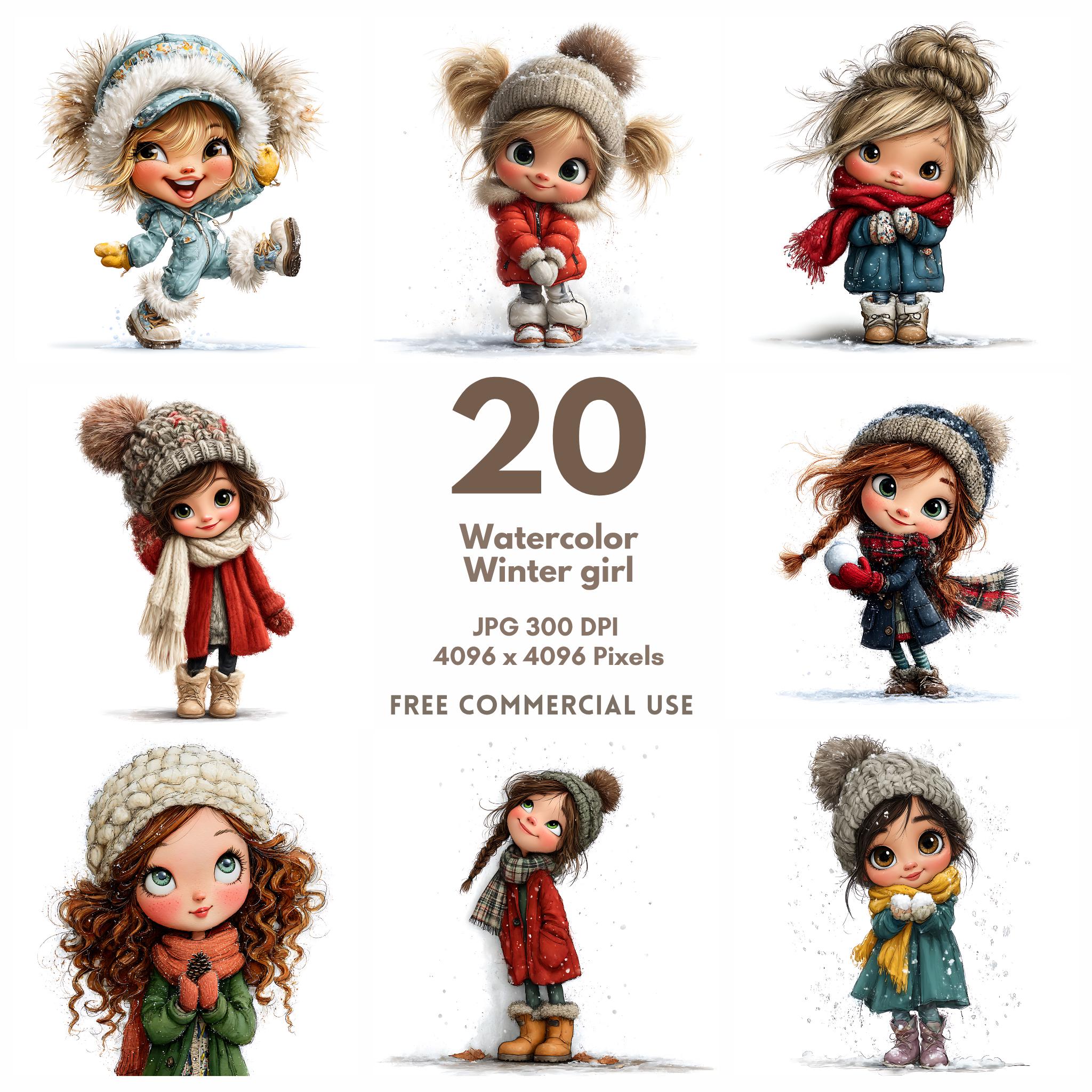 20 Watercolor Winter Girl Clipart: Festive Holiday Designs (JPG ...