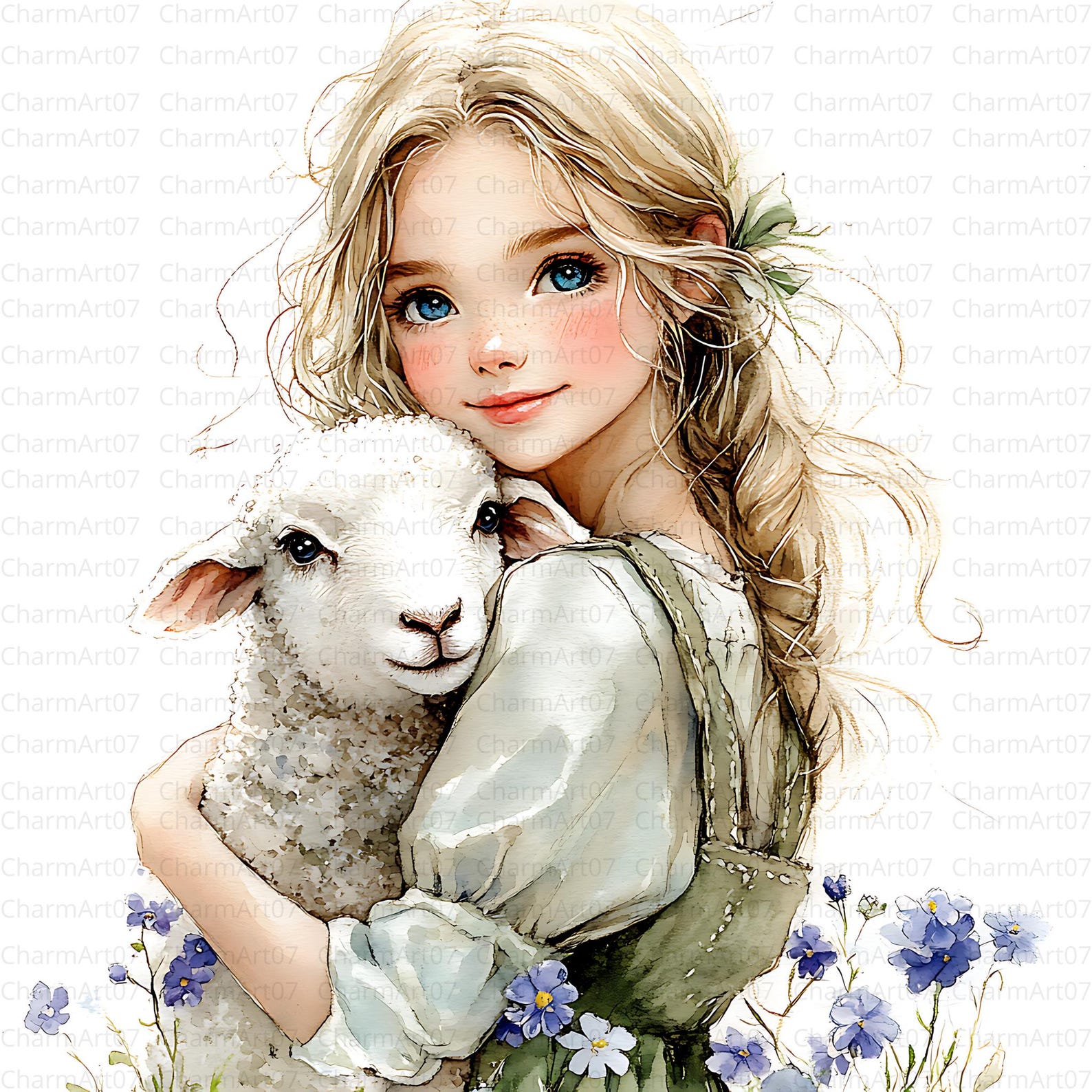 16 Cute Girl With Sheep, Lamb Watercolor High Quality JPG, Printable ...