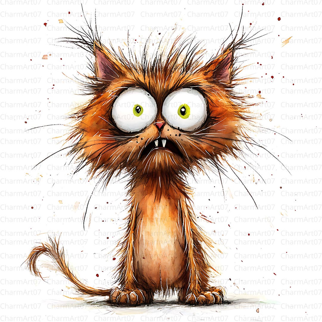 Frazzled Cat Watercolor Clipart: Funny Cat Art (digital Download ...