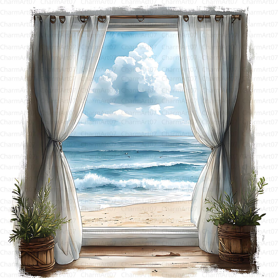 Seaside View Watercolor Print, Window to Ocean, Coastal Art (jpgs) - Etsy