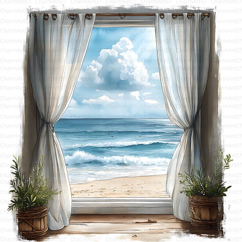 Seaside View Watercolor Print, Window to Ocean, Coastal Art (jpgs) - Etsy