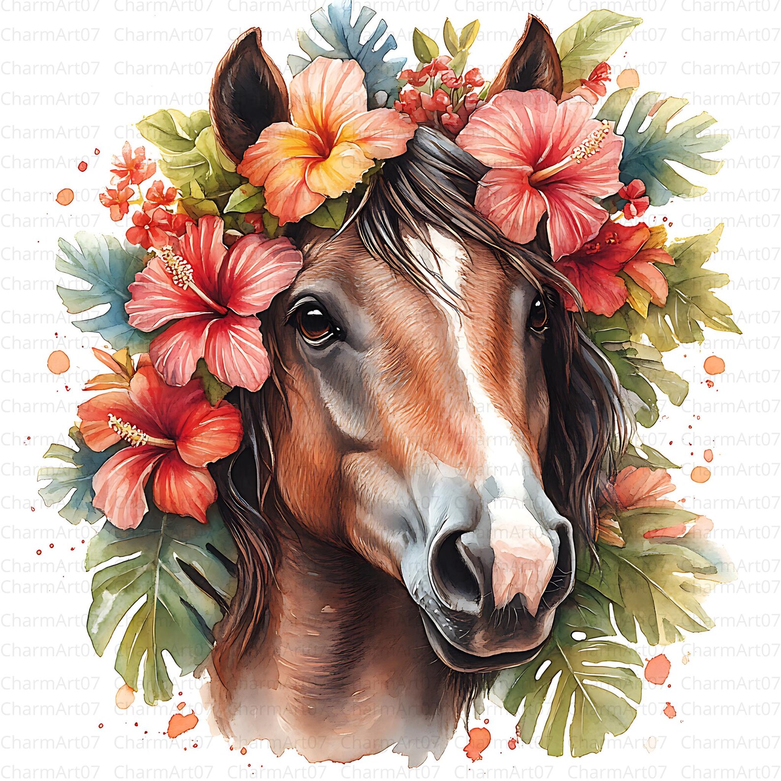 26 Floral Horse Face Clipart, Printable Watercolor Clipart, High ...
