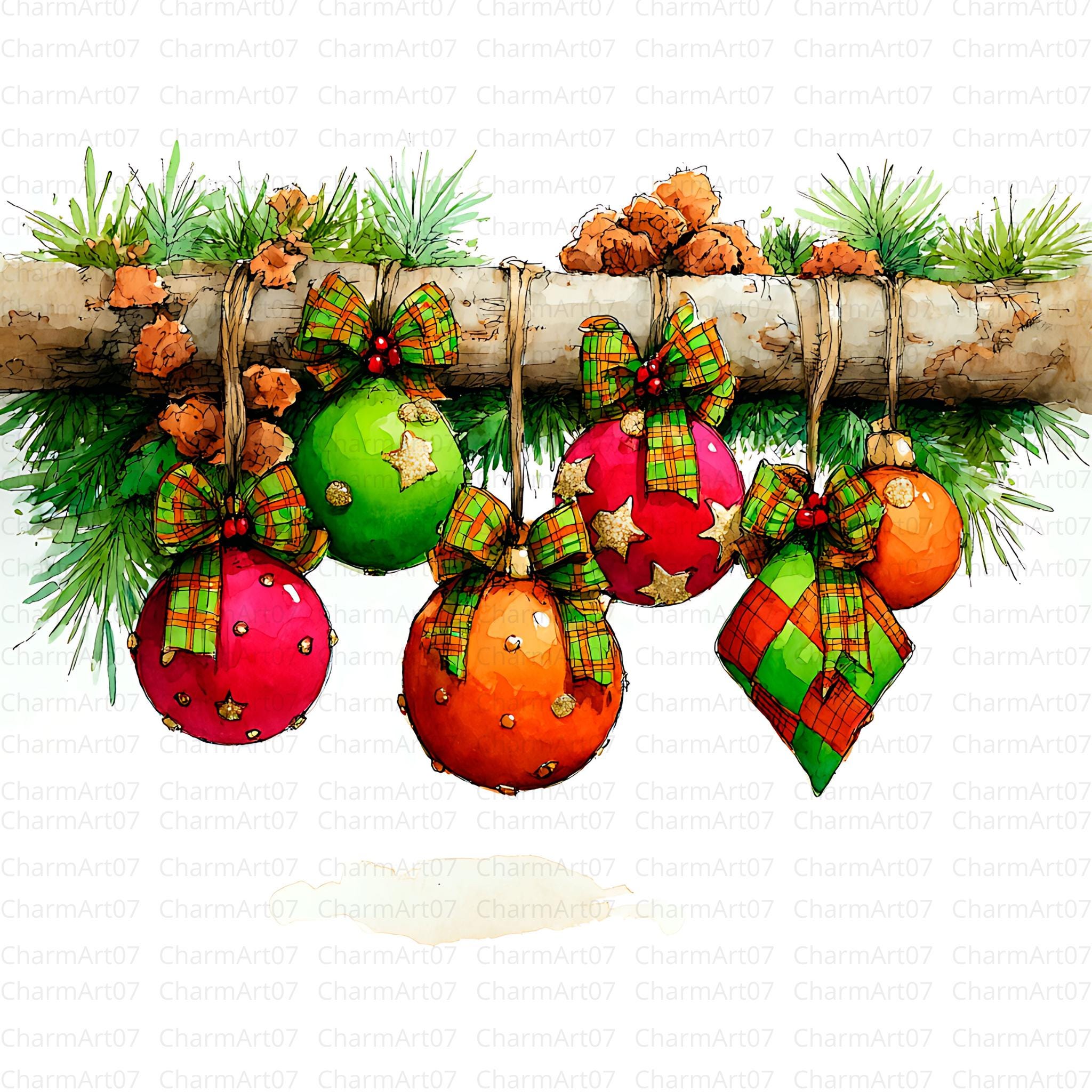Christmas Decor Clipart: Watercolor Holiday Ornaments (JPG Digital ...