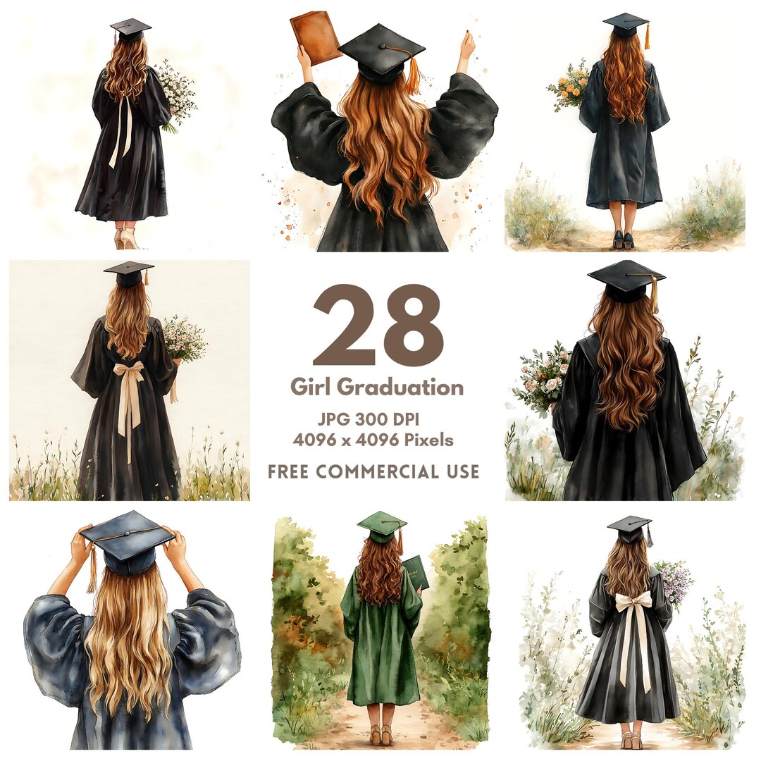 28 Girl Graduation Clipart, Watercolor Graduation Clipart, Student ...