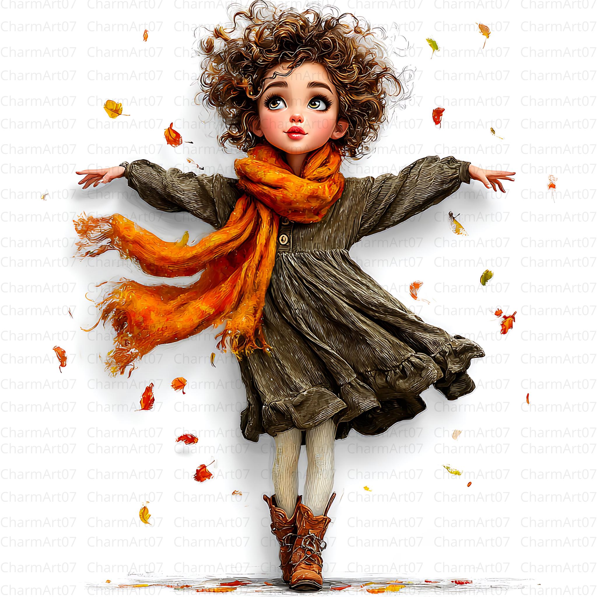 Autumn Girl Clipart, Watercolor Fall Leaves, Whimsical Ephemera (jpgs ...