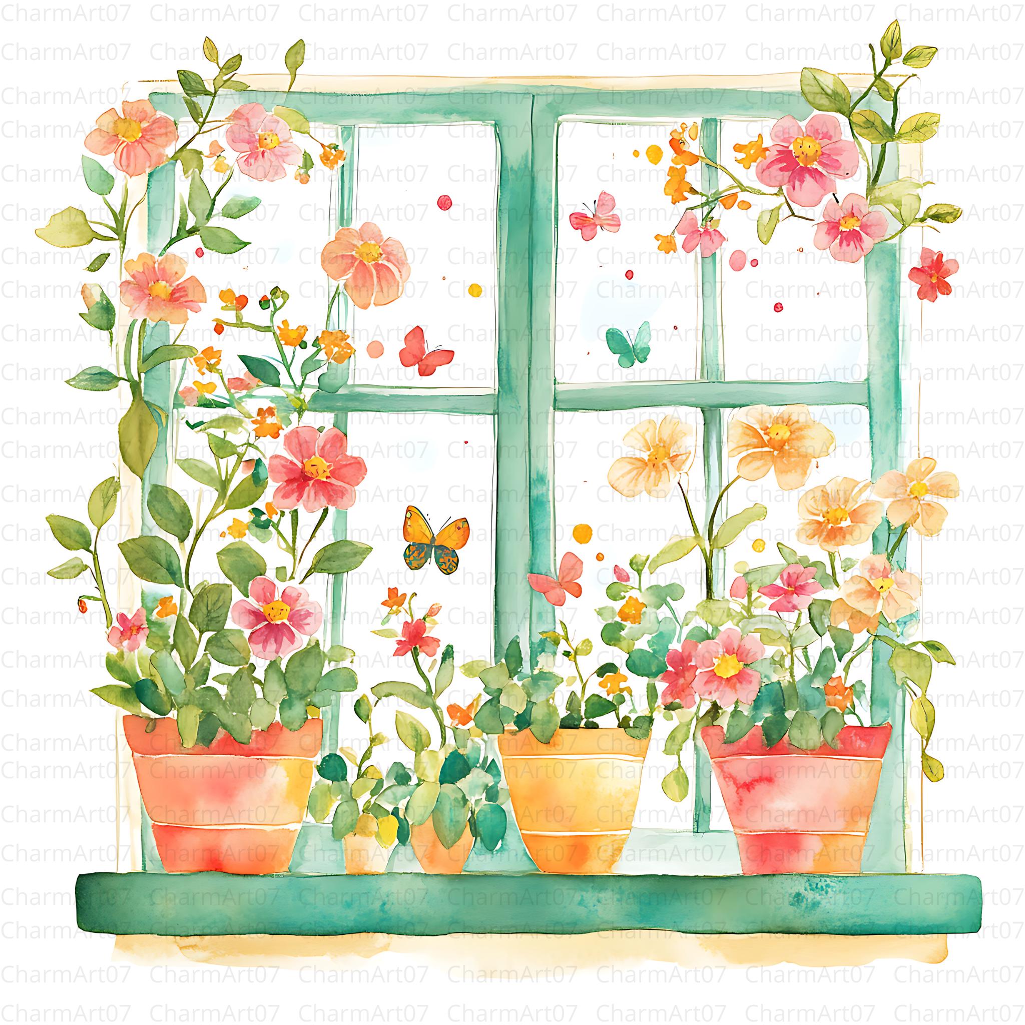 20 Spring Flowers Windows Clipart, Flowerpots Clipart, Watercolor ...