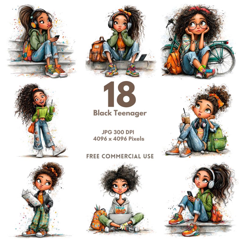 18 Black Teenager Clipart Bundle, Cute Afro Whimsical Girl, Teenage ...