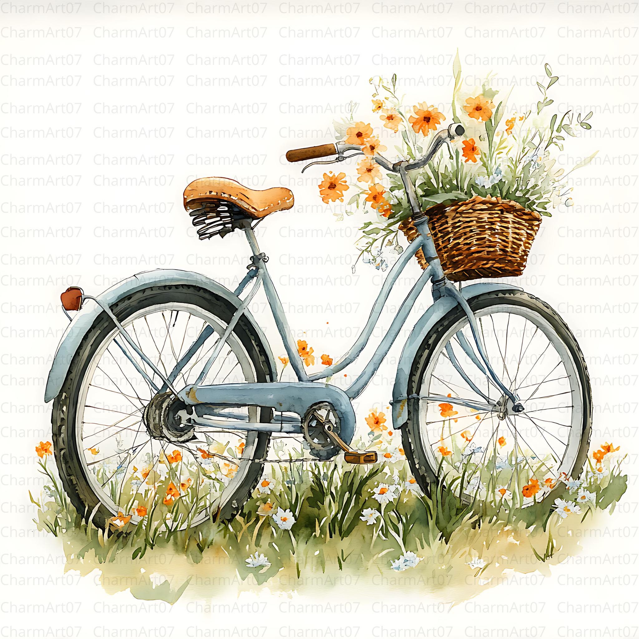 18 Vintage Floral Bicycle Clipart, Floral Bicycle, Printable Watercolor ...