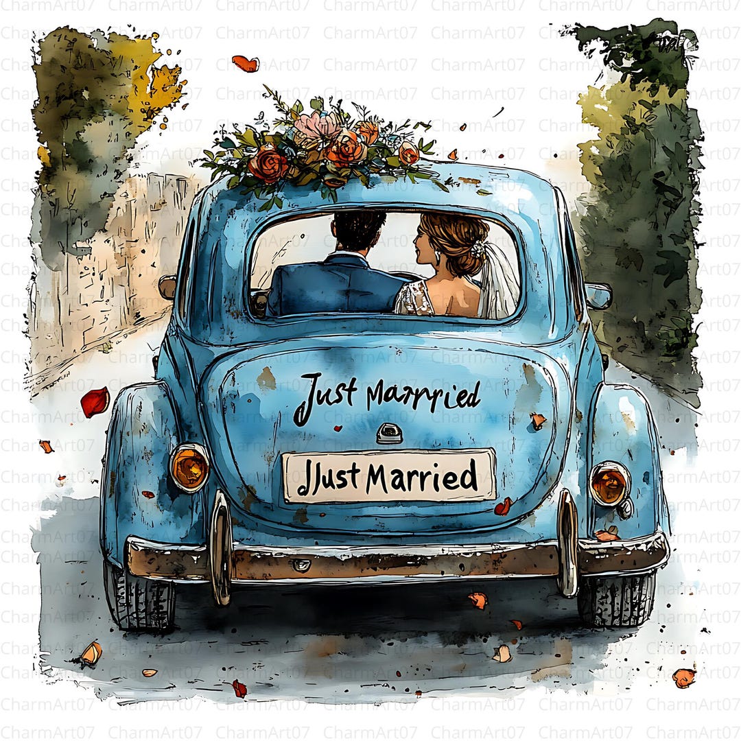 Just Married Car Clipart: Watercolor Wedding Car (digital Download) - Etsy