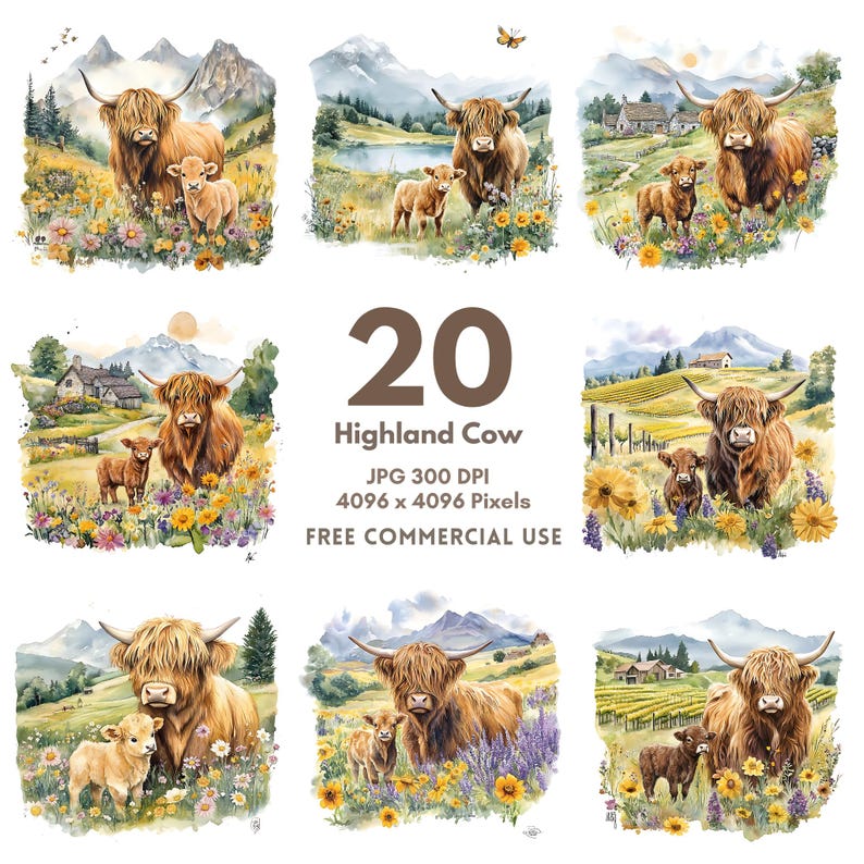 Highland Cow Watercolor Clipart: 20 Jpgs for Junk Journals (digital ...