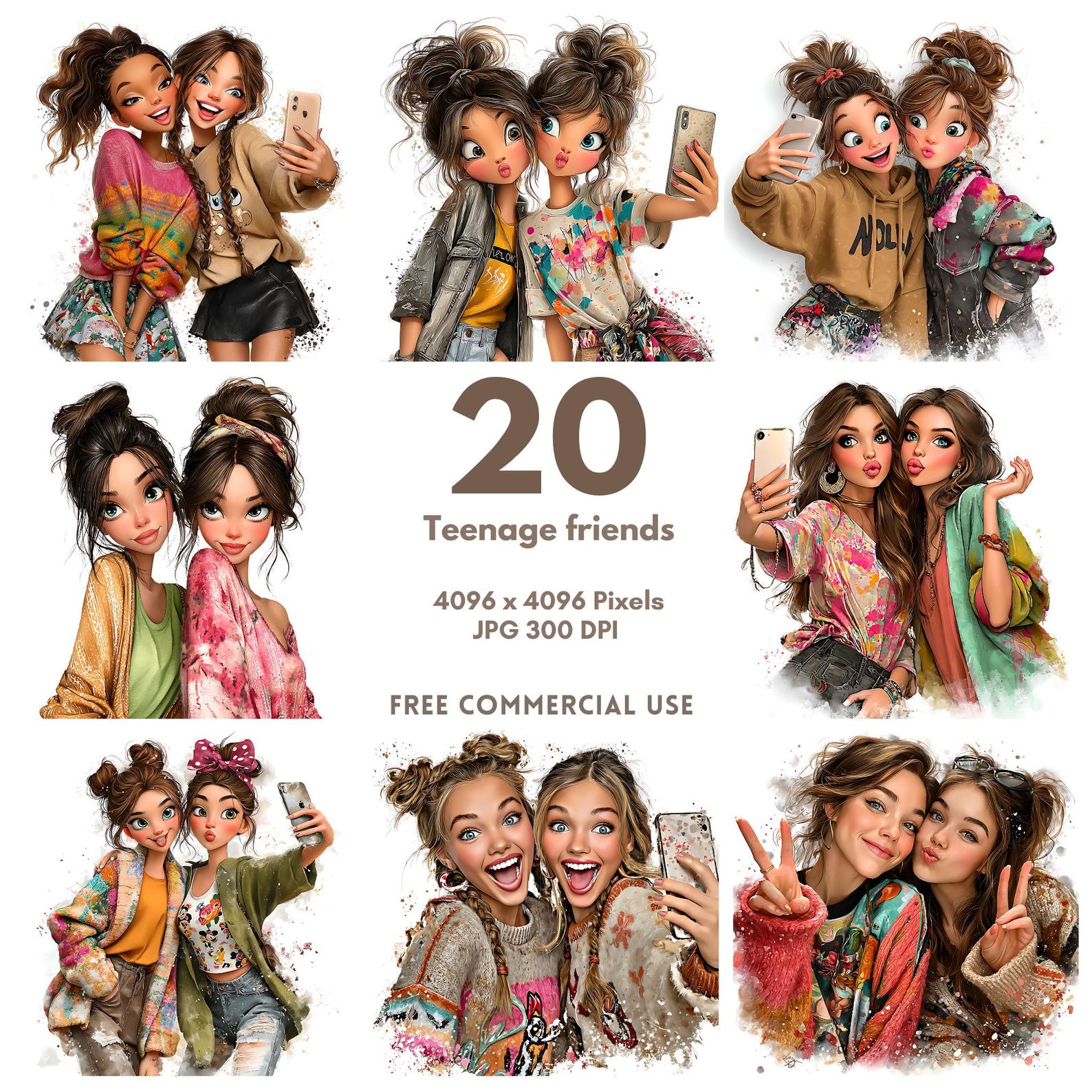 20 Best Friends Little Girls Clipart, Whimsical, Printable Watercolor ...