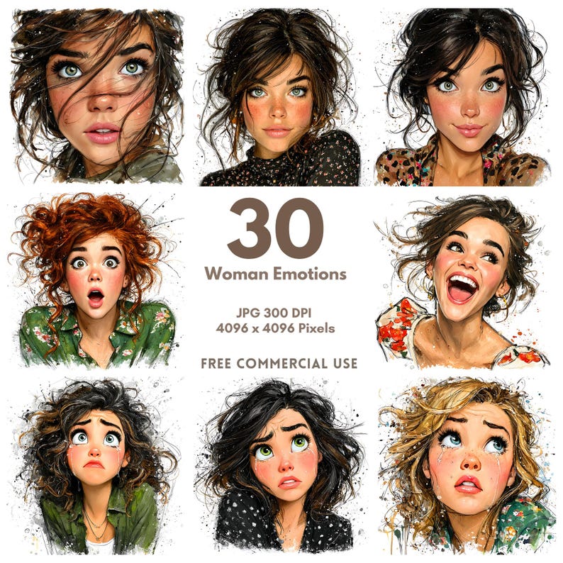 Watercolor Woman Emotions Clipart Bundle: High-resolution JPG (digital ...