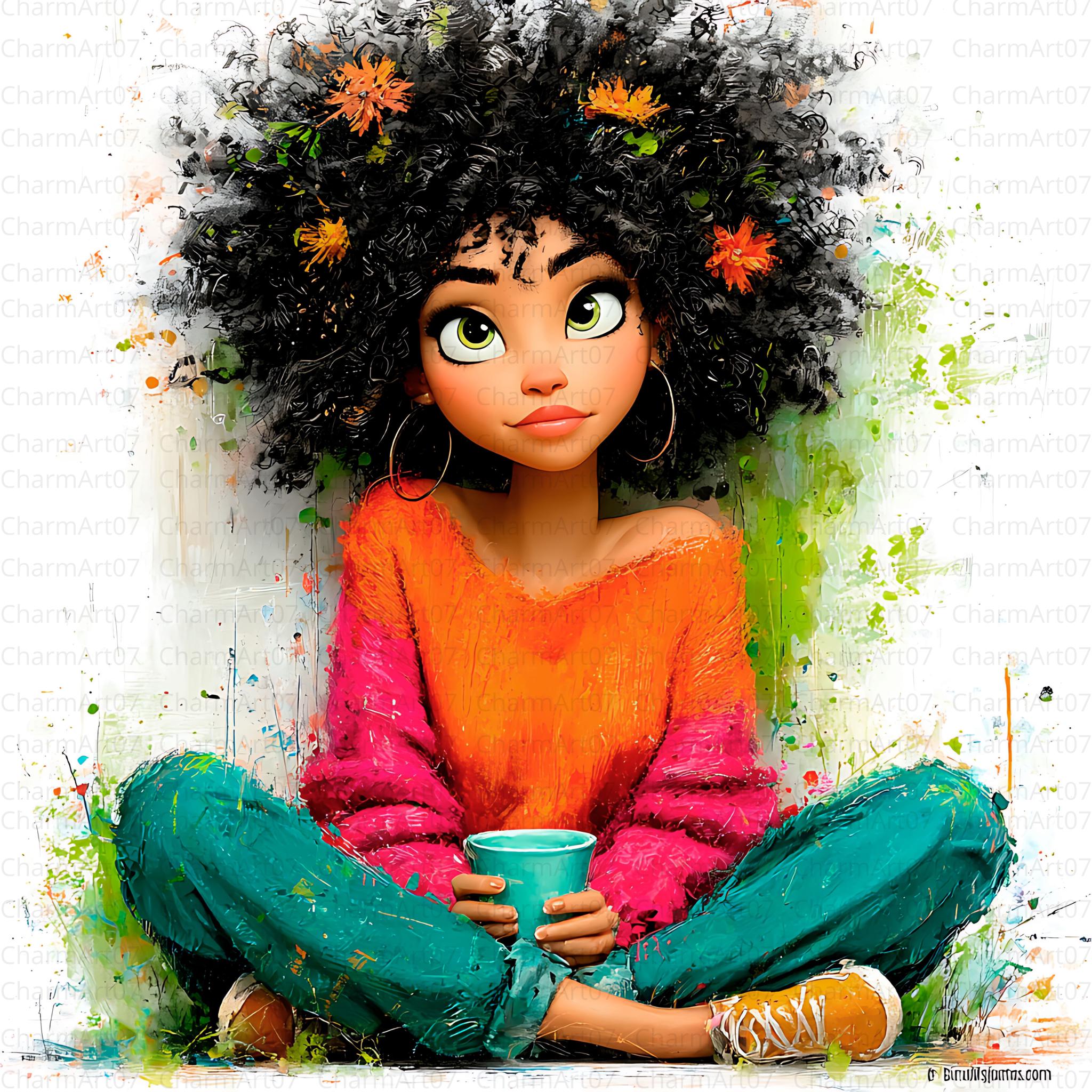 Watercolor Black Woman Coffee Clipart Bundle: Boho Art (JPG Digital ...