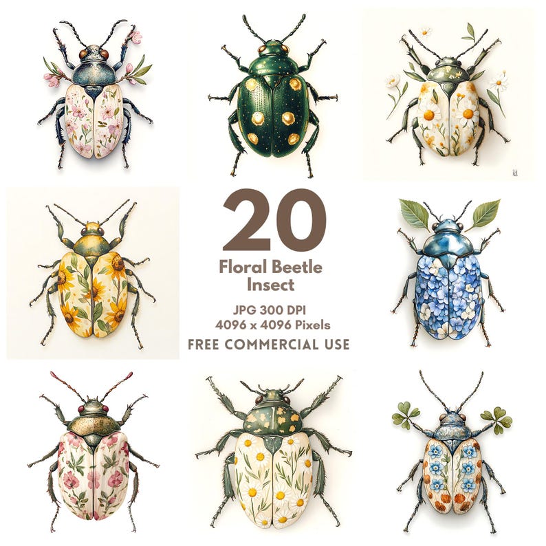 Floral Beetle Clipart Bundle: Insect Art, Card Making (JPG Digital ...