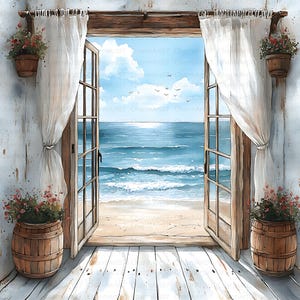 Seaside View Watercolor Print, Window to Ocean, Coastal Art (jpgs) - Etsy