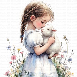 16 Cute Girl With Sheep, Lamb Watercolor High Quality JPG, Printable ...