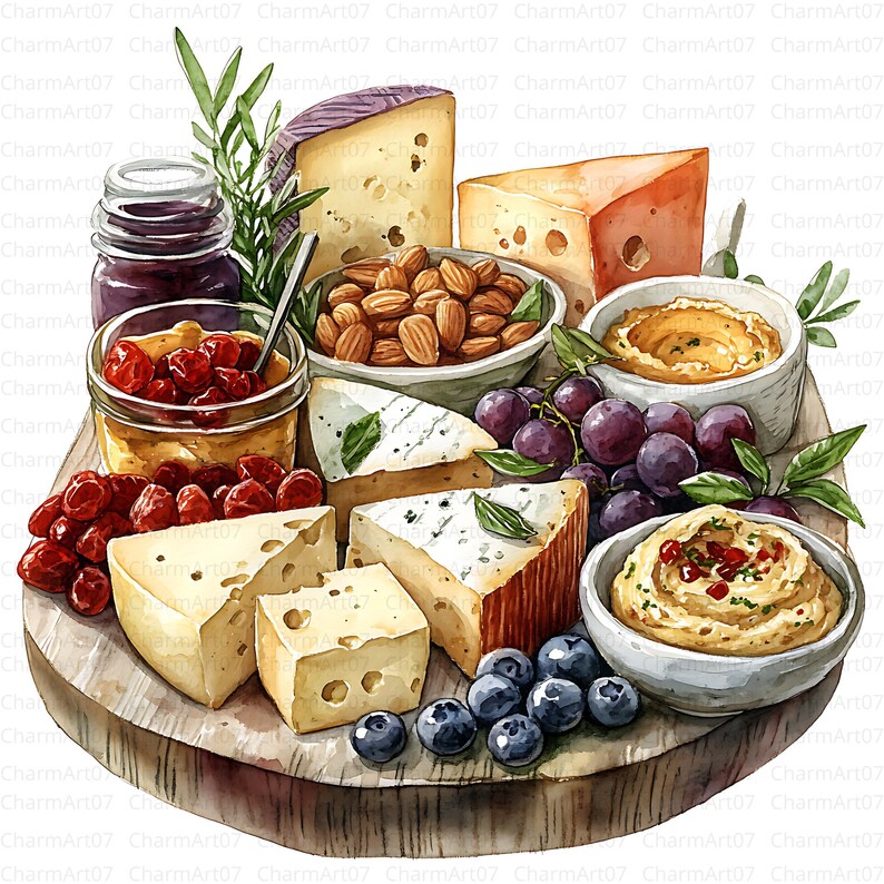Cheese Plate Watercolor Clipart: Gourmet Charcuterie Art (JPG) - Etsy
