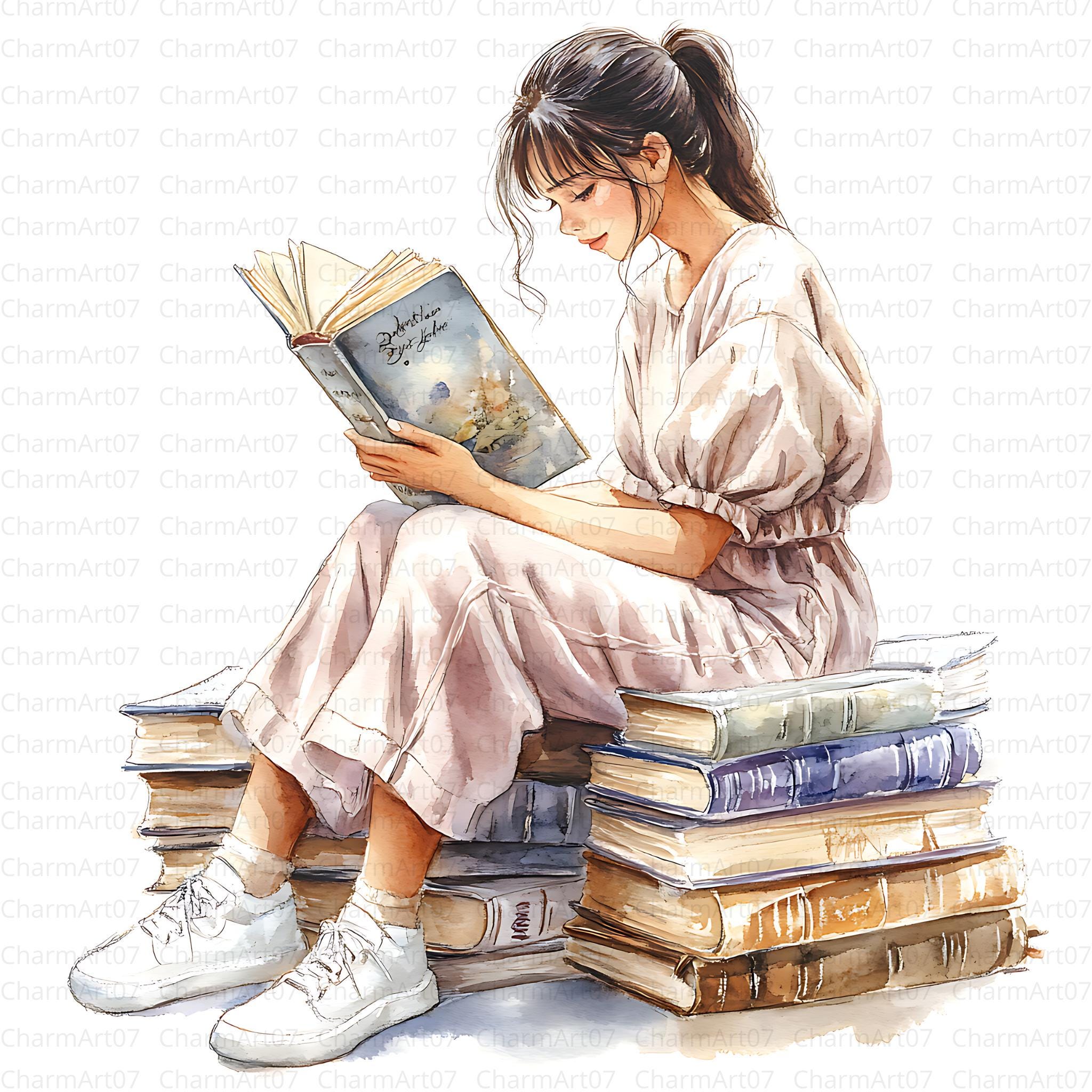 25 Book Lover Clipart, Watercolor Girl Reading on Books, Literary Art ...