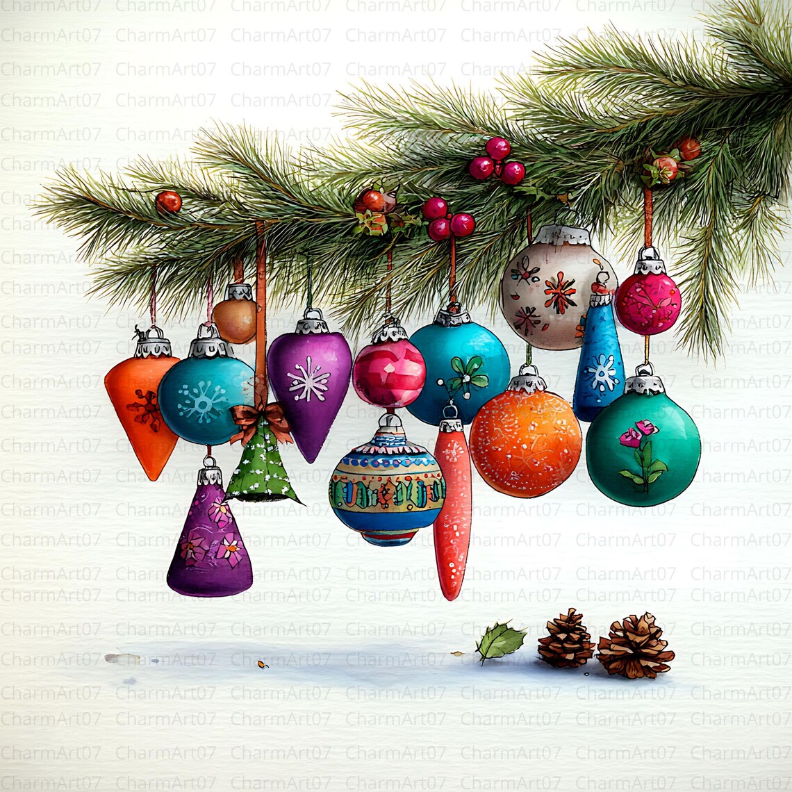 Christmas Decor Clipart: Watercolor Holiday Ornaments (JPG Digital ...