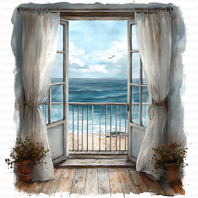 Seaside View Watercolor Print, Window to Ocean, Coastal Art (jpgs) - Etsy