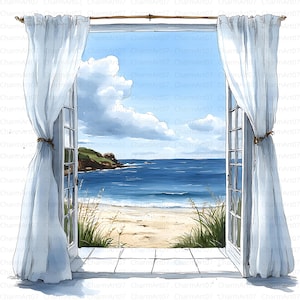 Seaside View Watercolor Print, Window to Ocean, Coastal Art (jpgs) - Etsy