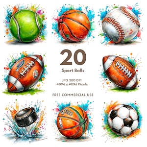 20 Sport Balls Clipart Bundle, Soccer, Basketball Clipart, Printable ...
