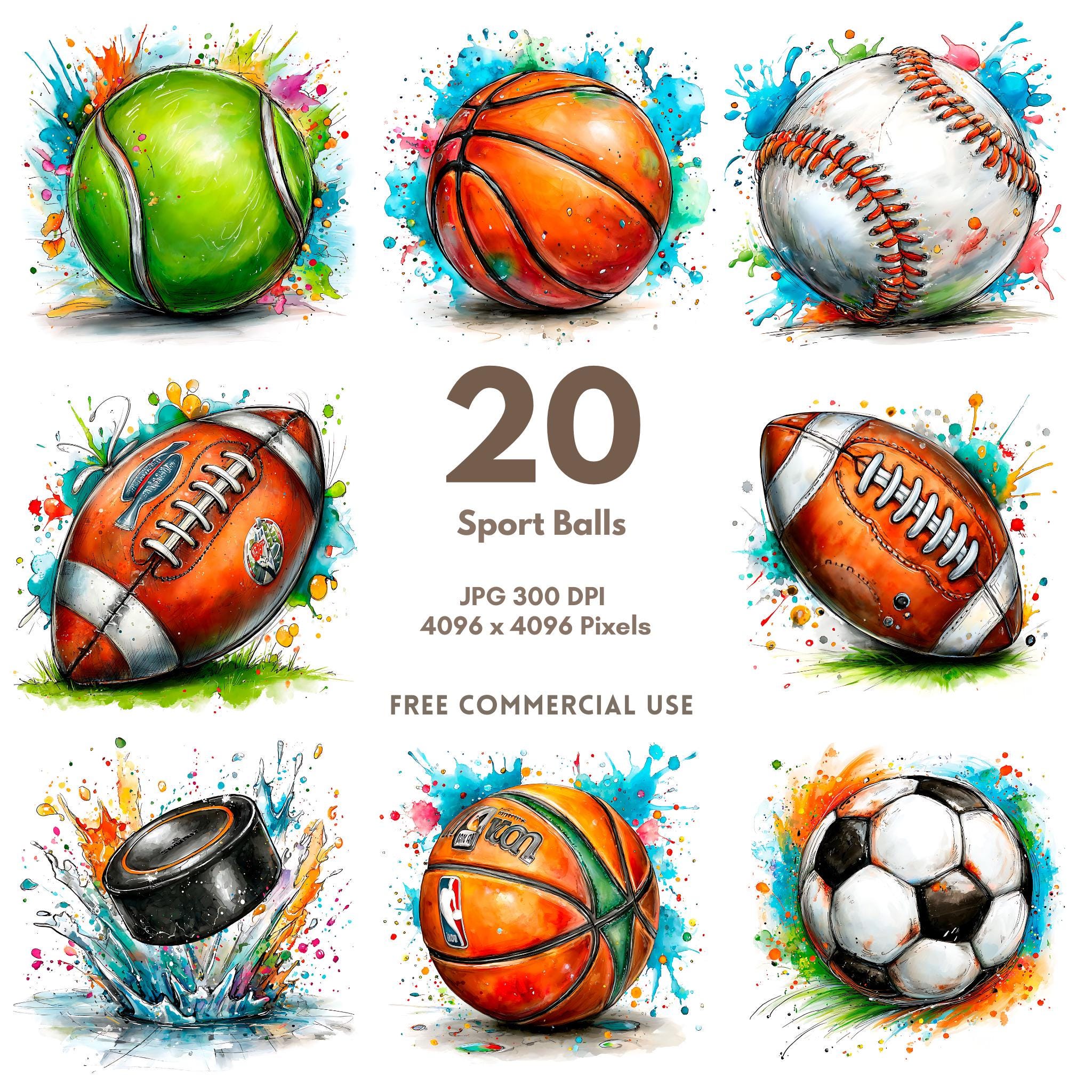 Watercolor Sport Balls Clipart Bundle: Soccer, Basketball (digital ...