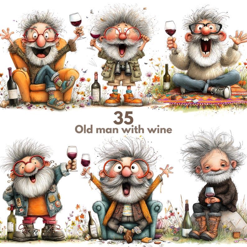 35 Quirky Grandpa Watercolor Clip Art, Fantasy Whimsical Hippy Man ...