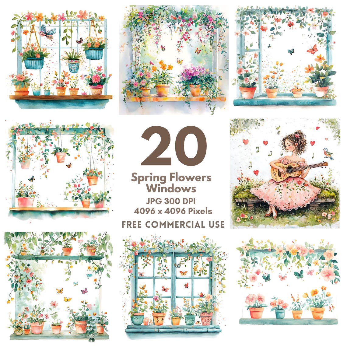 20 Spring Flowers Windows Clipart, Flowerpots Clipart, Watercolor ...