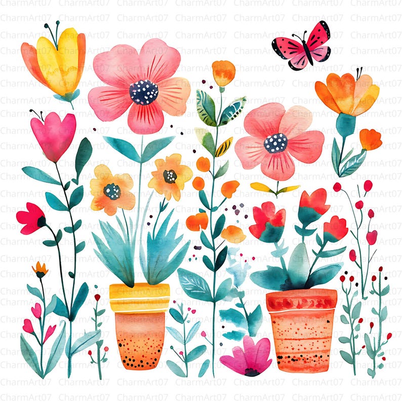 20 Cute Whimsical Flower Clipart, Row of Flowers Clipart, High Res JPG ...